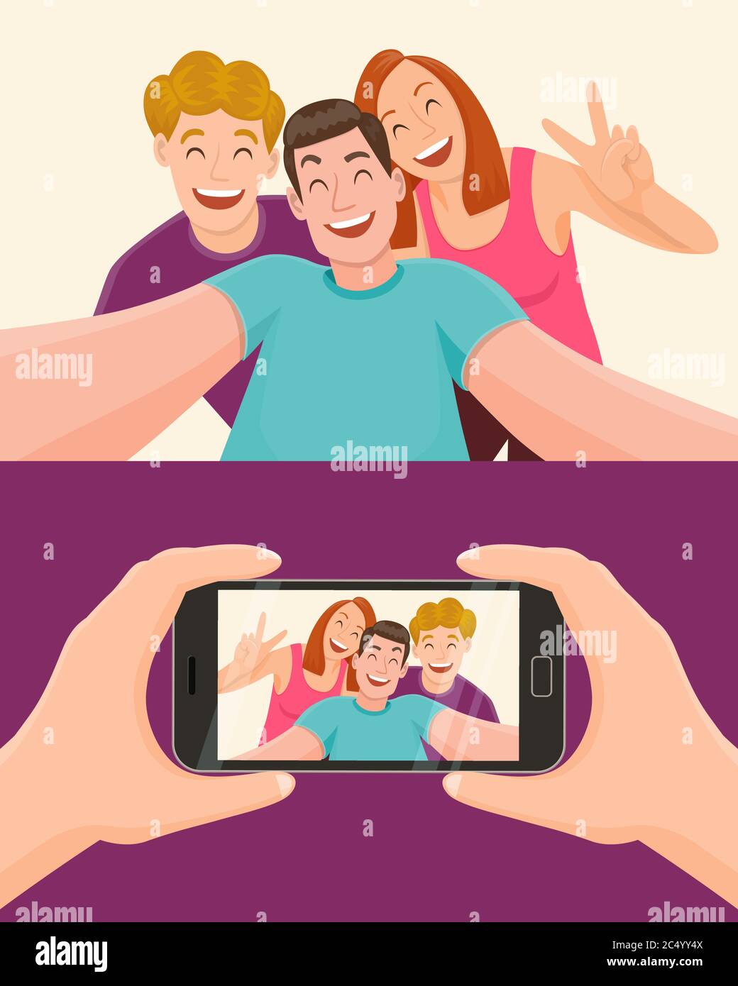 Group of three friends taking a photo with a smartphone. Taking a ...