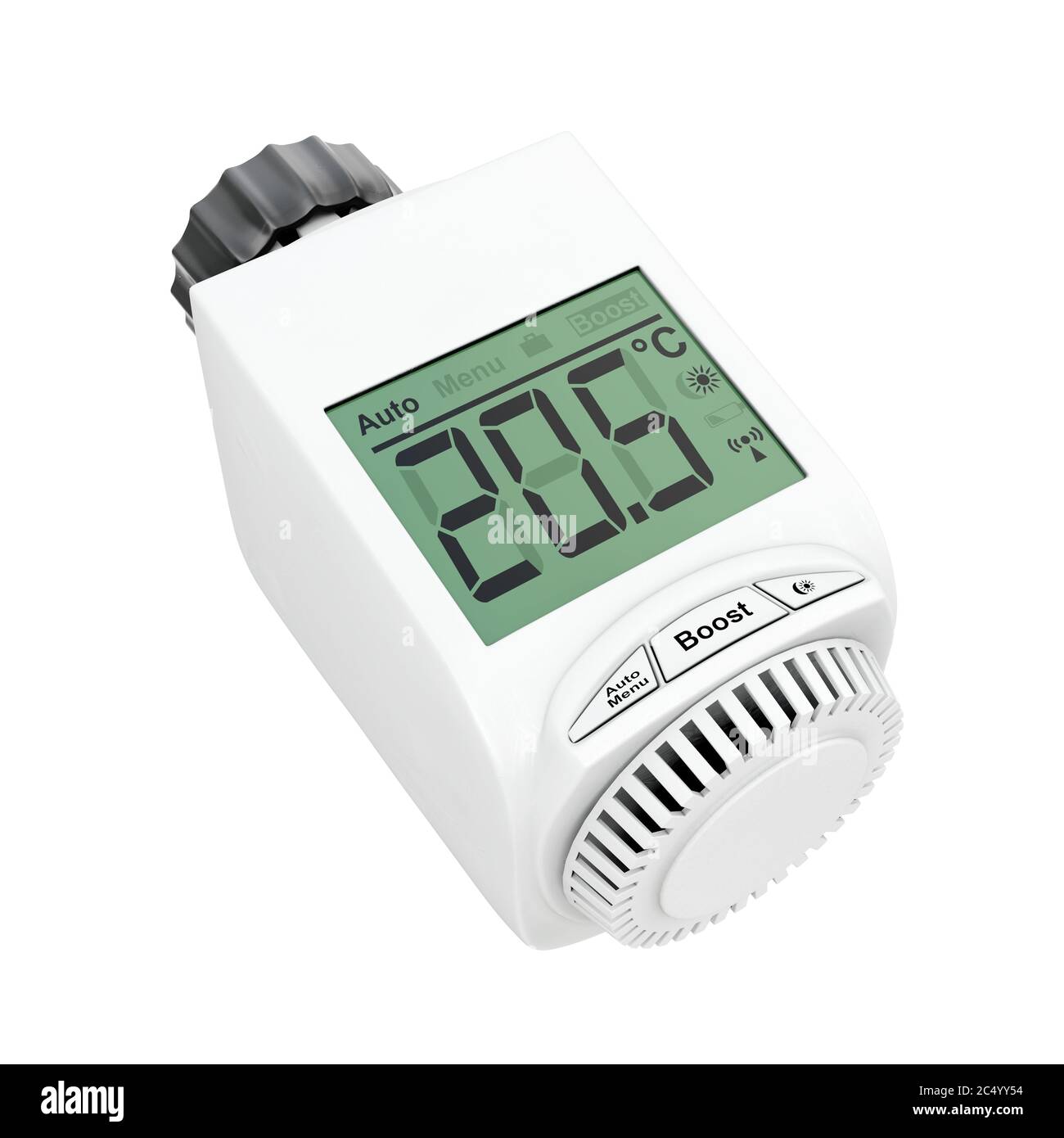 Digital Wireless Radiator Thermostatic Valve on a white background. 3d ...
