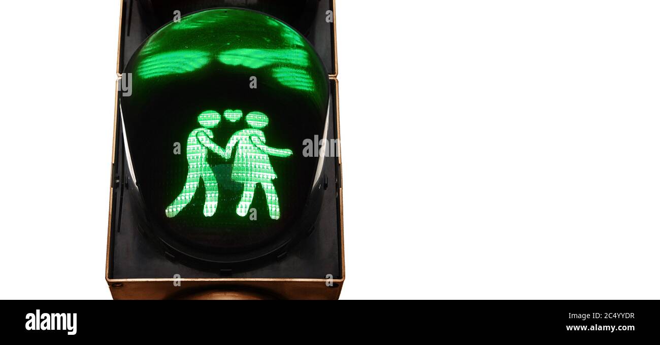 Lovely pedestrian traffic lights. Couple holding hands, traditional ...