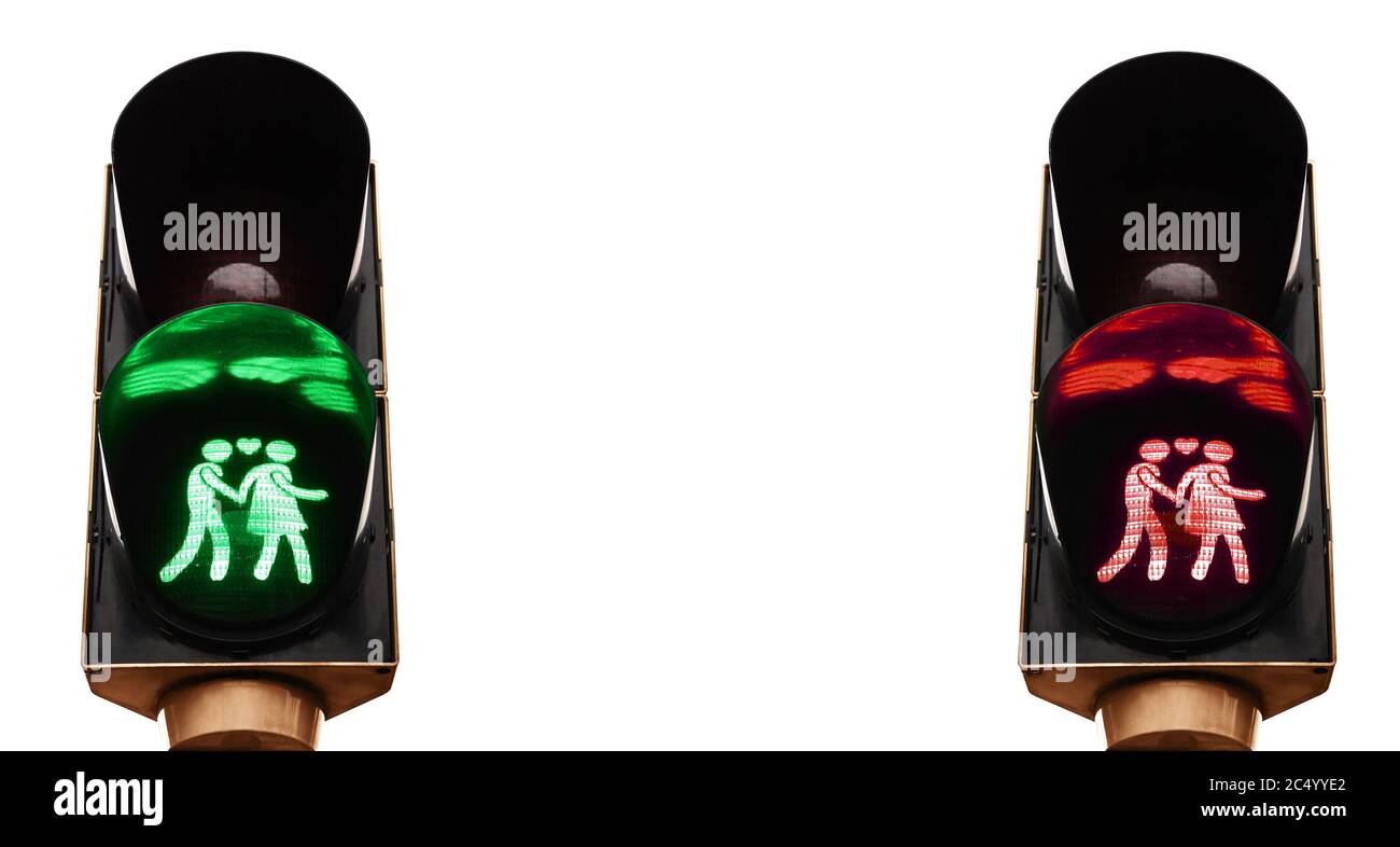 Lovely pedestrian traffic lights. Couple holding hands, traditional ...