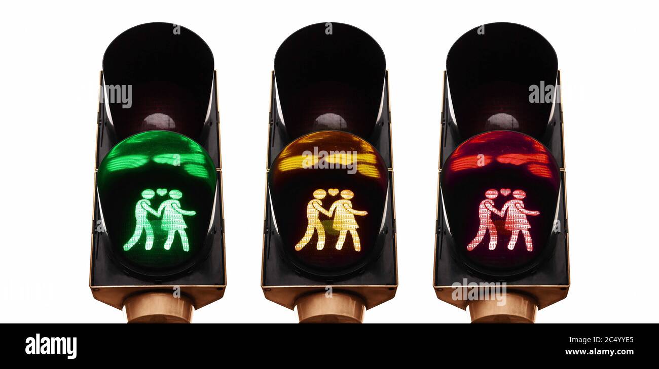 Lovely pedestrian traffic lights. Couple holding hands, traditional ...