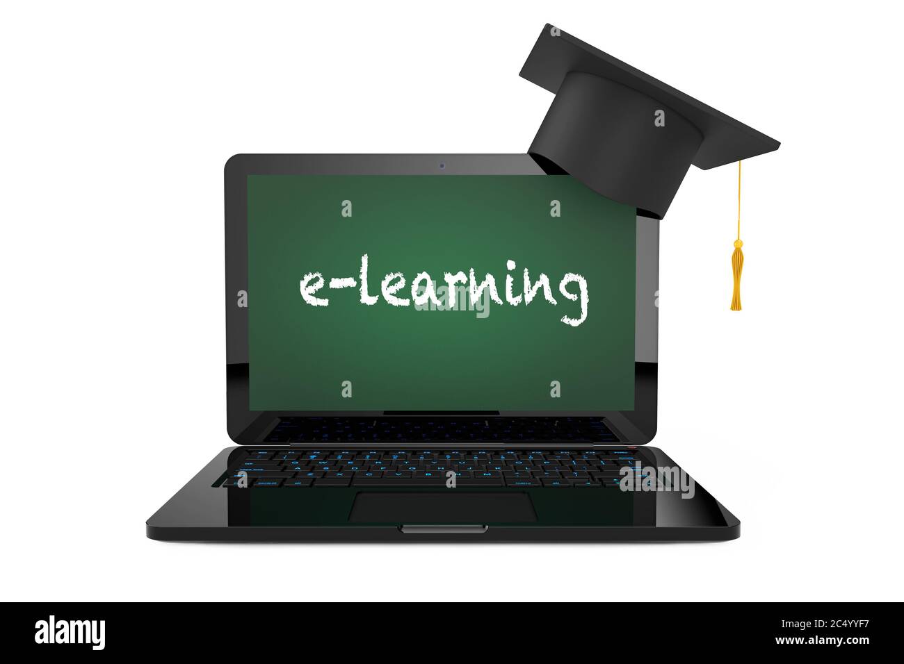 Online Education Concept. Graduation Hat over Laptop with Blackboard ...