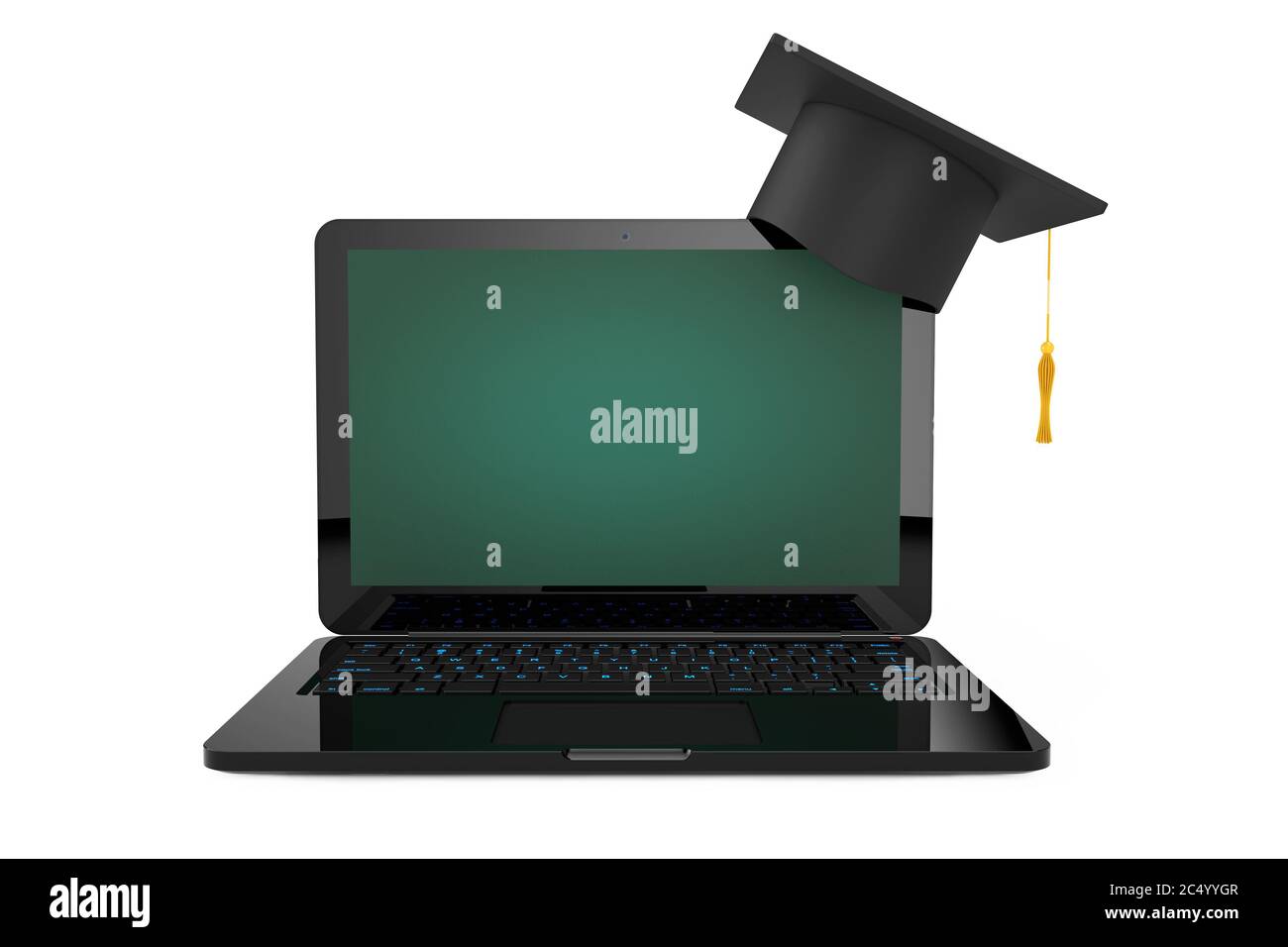 Online Education Concept. Graduation Hat over Laptop with Blackboard ...