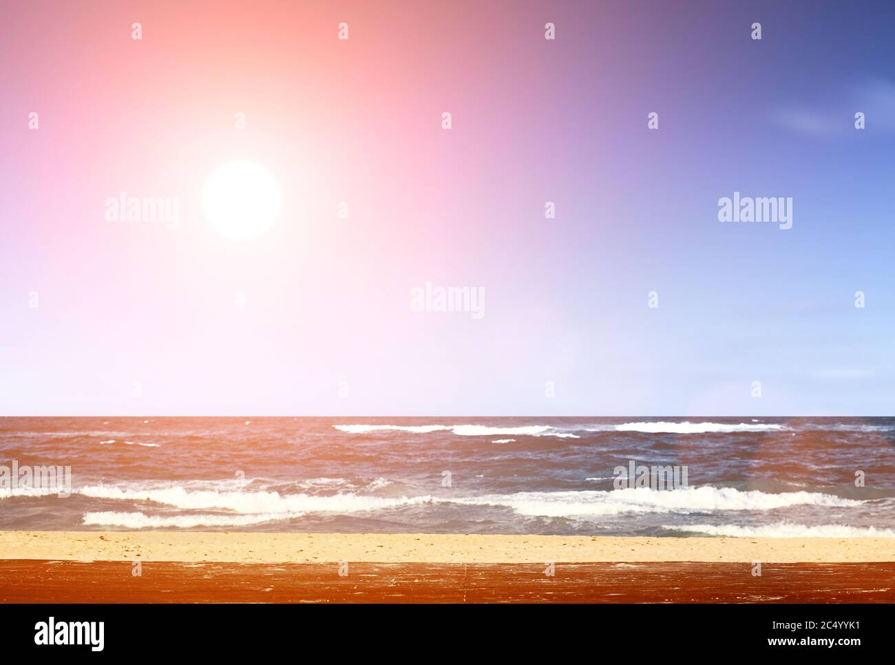 Tropical beach and wooden platform. Platform on the beach, sand and ...