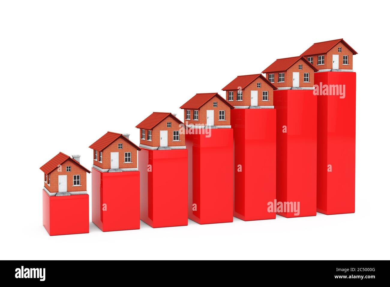 Increase in Price of Real Estate Concept. Houses over Bar Graph on a white background. 3d ...