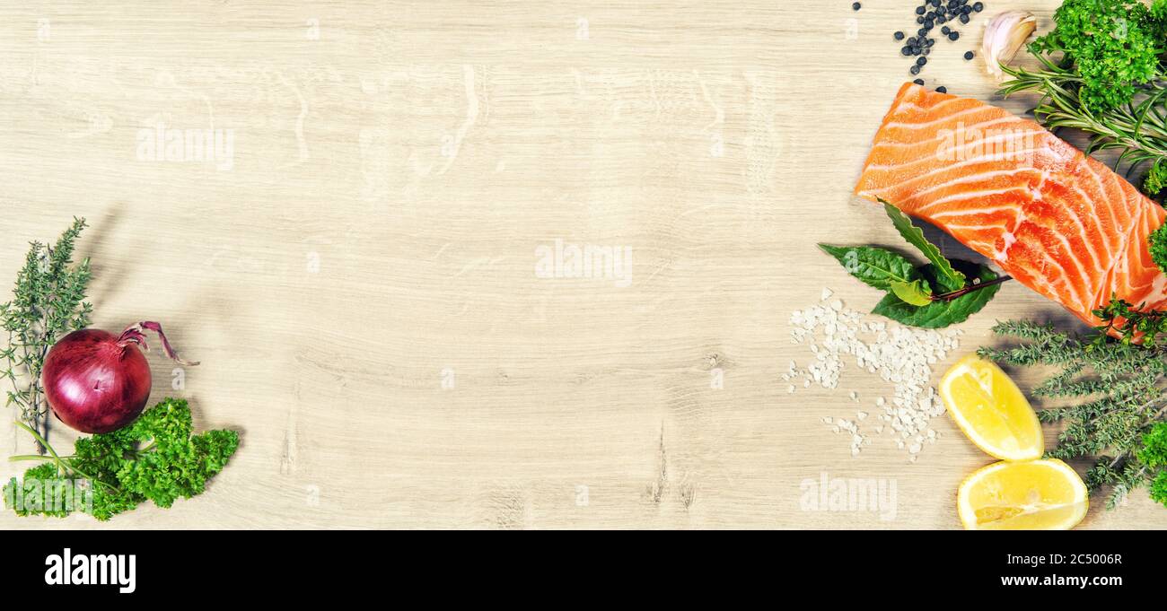 Salmon fish fillet with herbs and spices. Seafood. Food banner Stock ...