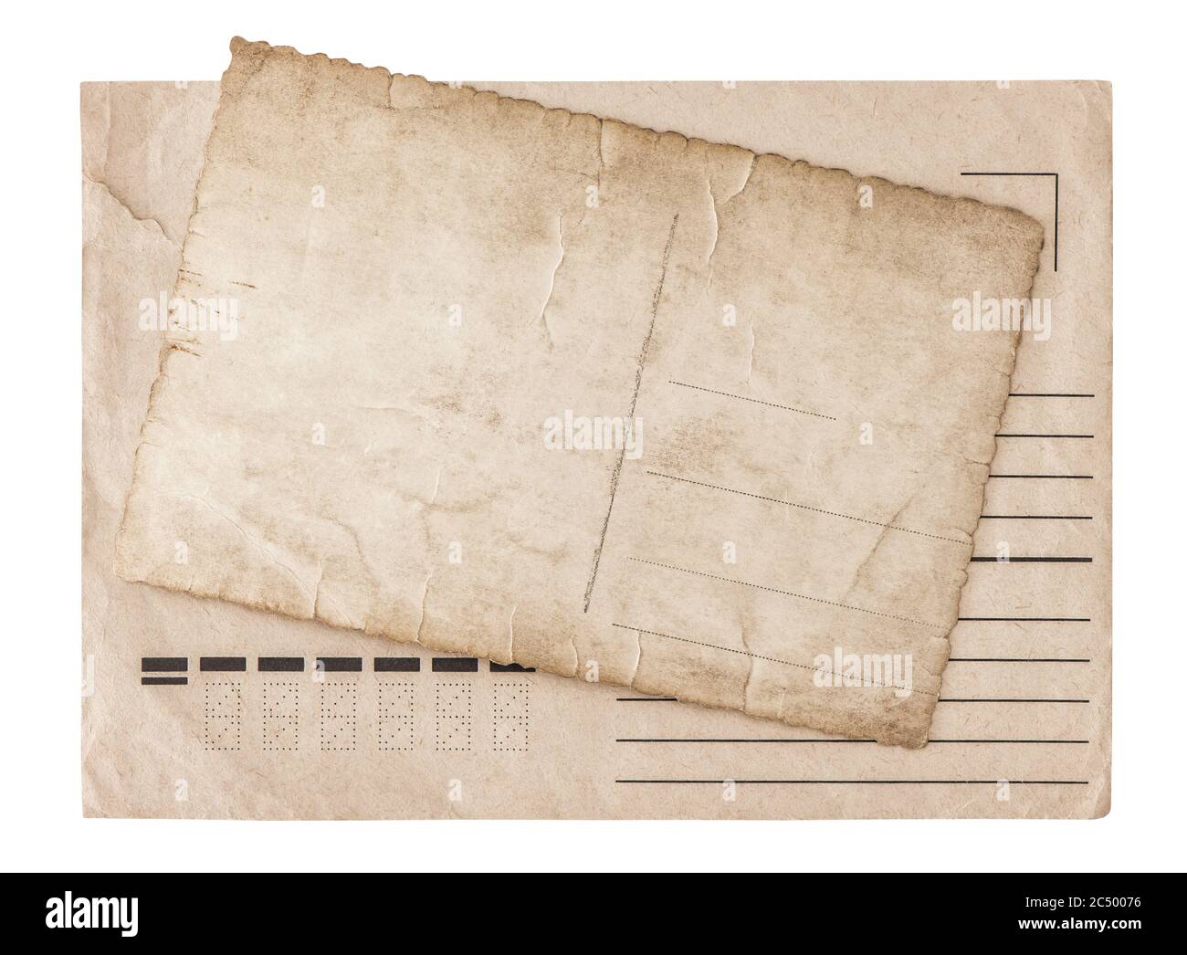 Vintage grungy envelope and used paper postcard isolated on white ...