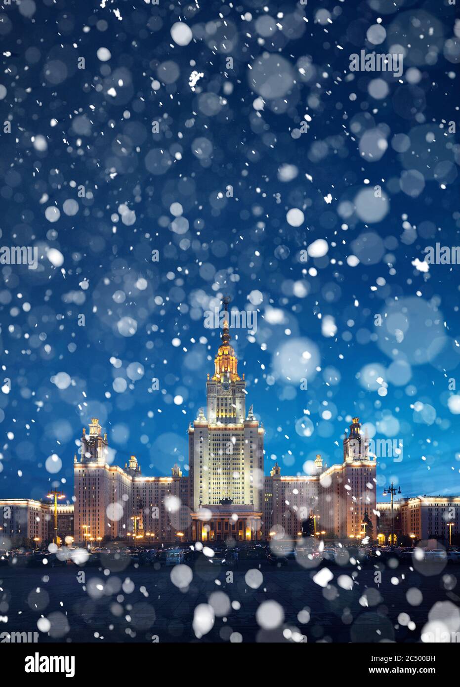 Evening MSU. snowfall is coming to town, building of Moscow State ...