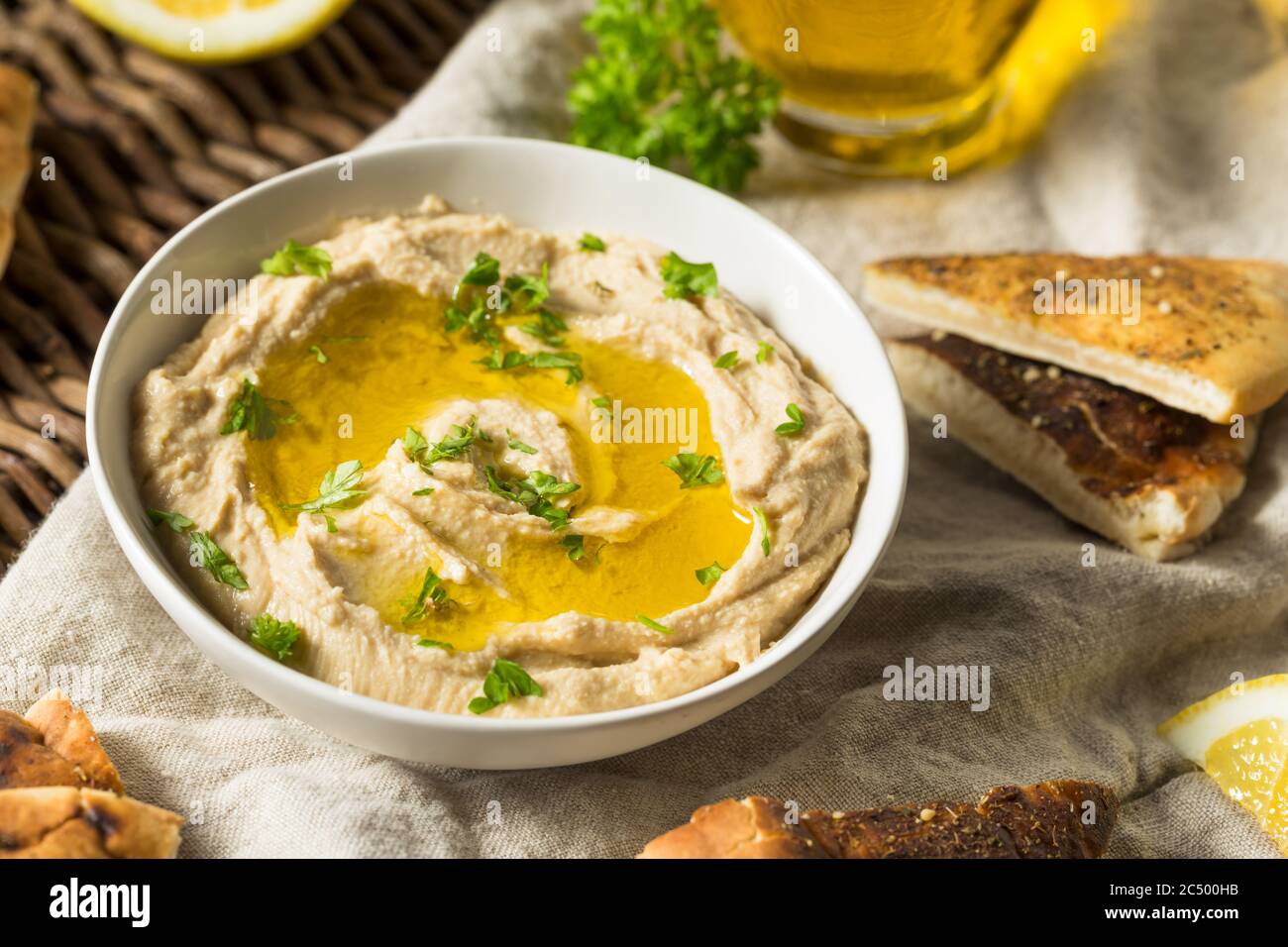 Organic Homemade Chickpea Hummus with PIta and Olive Oil Stock Photo ...
