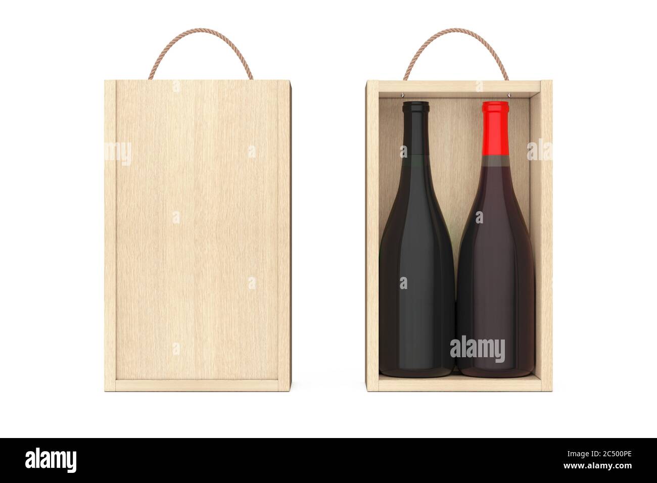 Wine Bottles in Blank Wooden Wine pack with Handle on a white ...