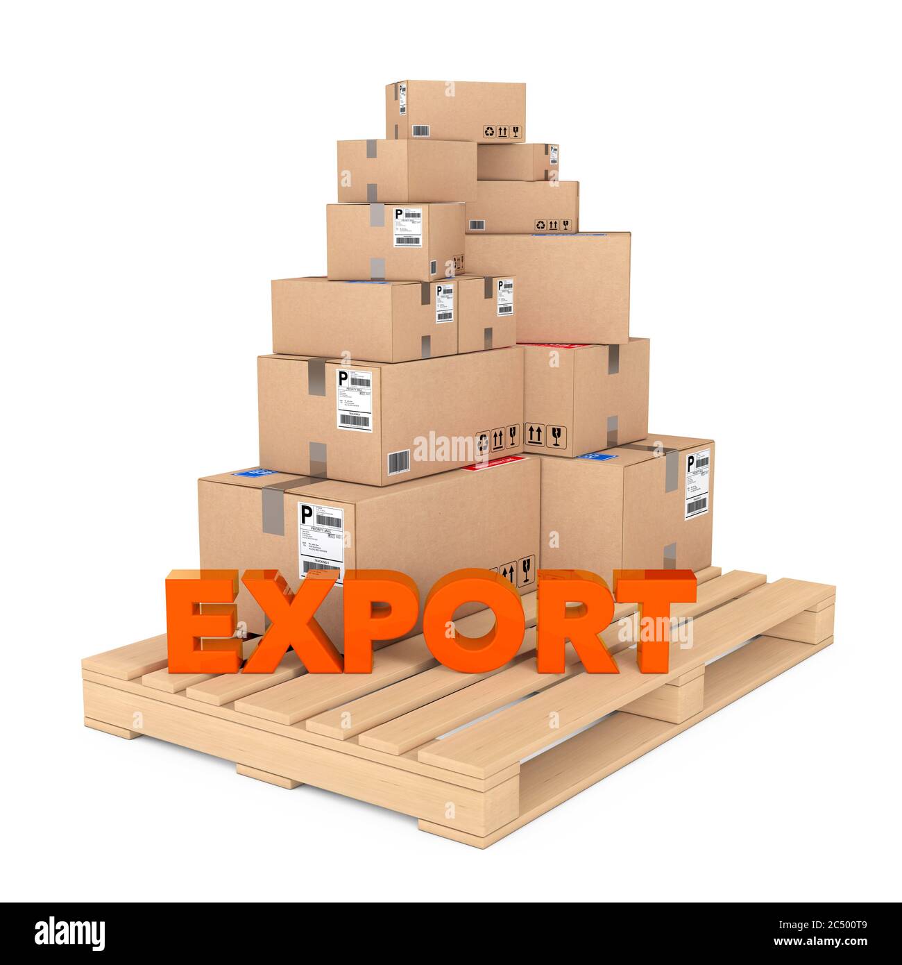 Export concept. Cardboard Boxes on Wooden Palette with Export Sign on a ...
