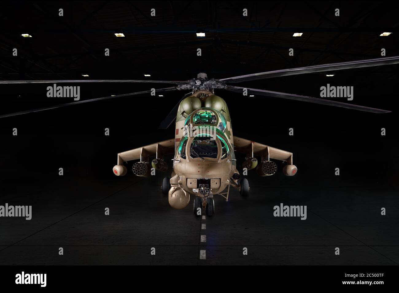 Mil Mi-35P, Mi-24P Variant 2019 - Phoenix, modern attack helicopter in the dark, lit by ...
