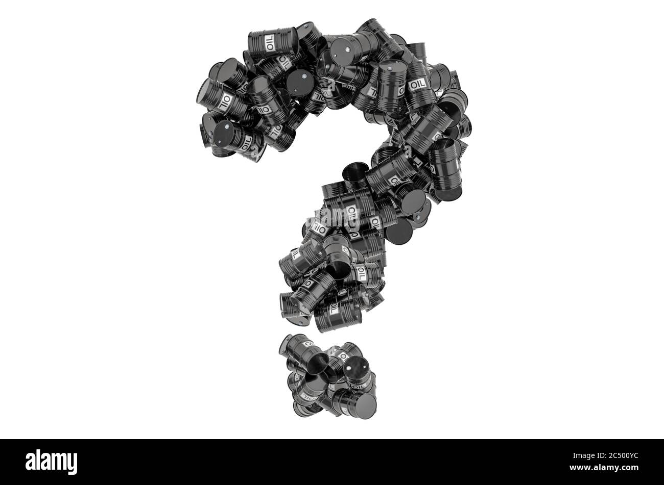 Question mark from black oil barrels, 3D rendering isolated on white ...