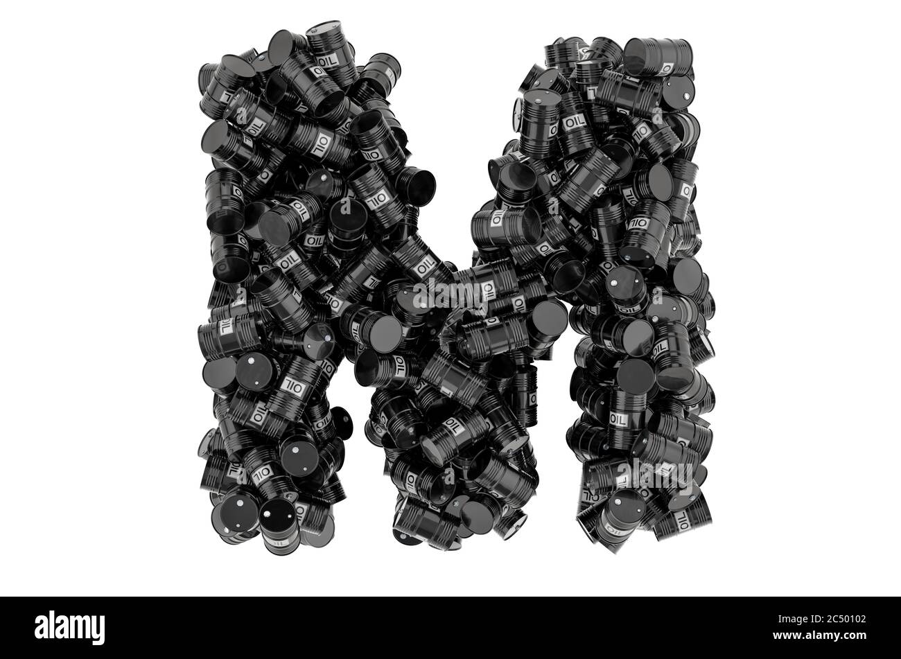 Letter M from black oil barrels, 3D rendering isolated on white ...