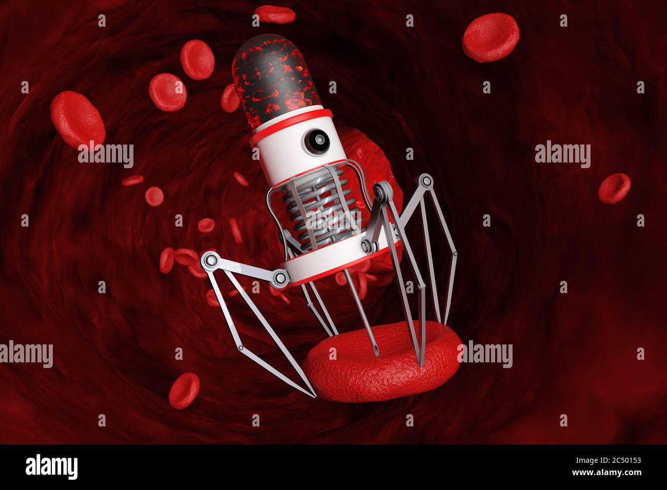 Blood Nano Robot with Camera, Claws and Needle over Blood Cell inside ...