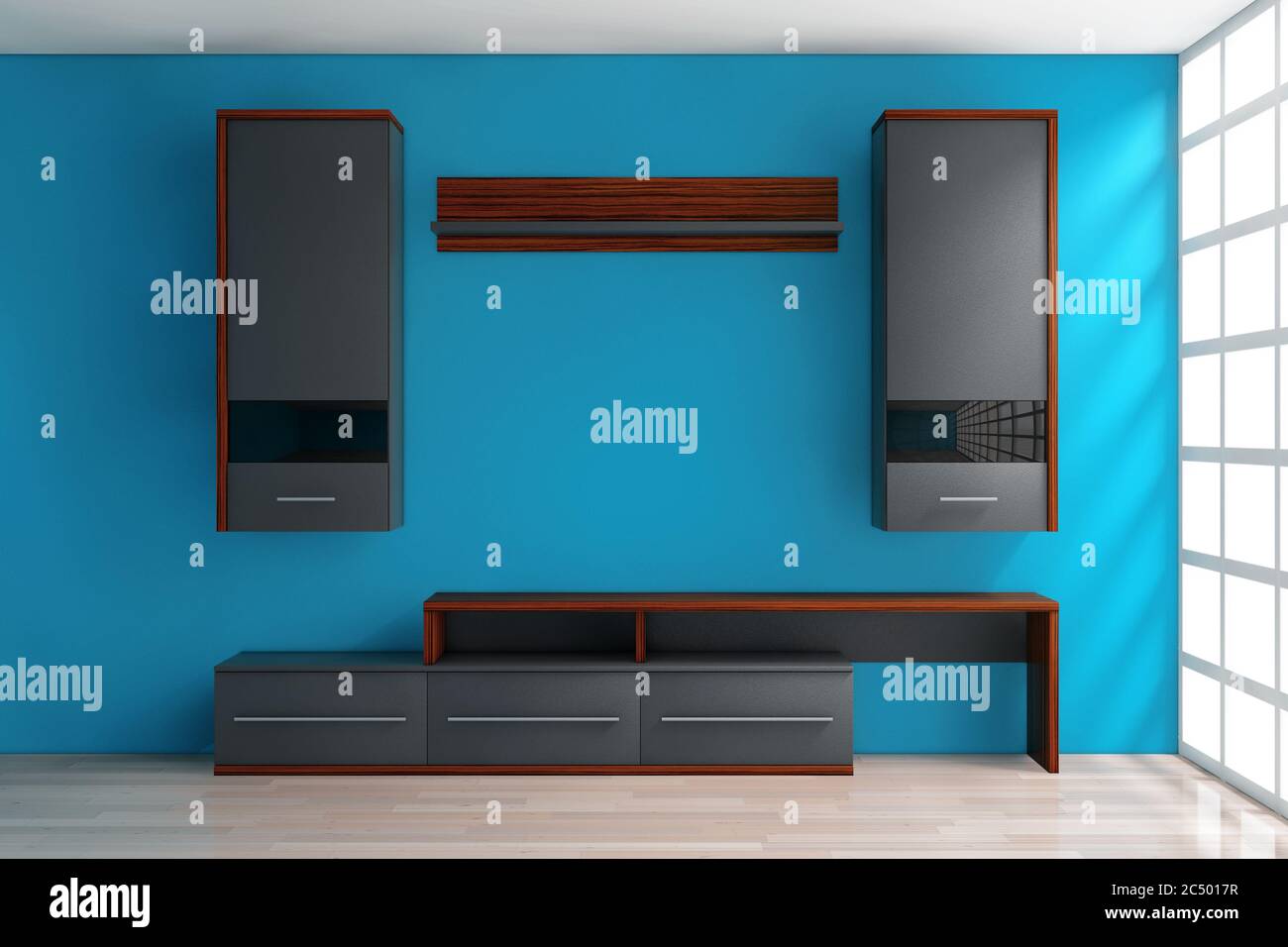 Modern Living Room Wall Unit in Room in front of blue wall. 3d ...