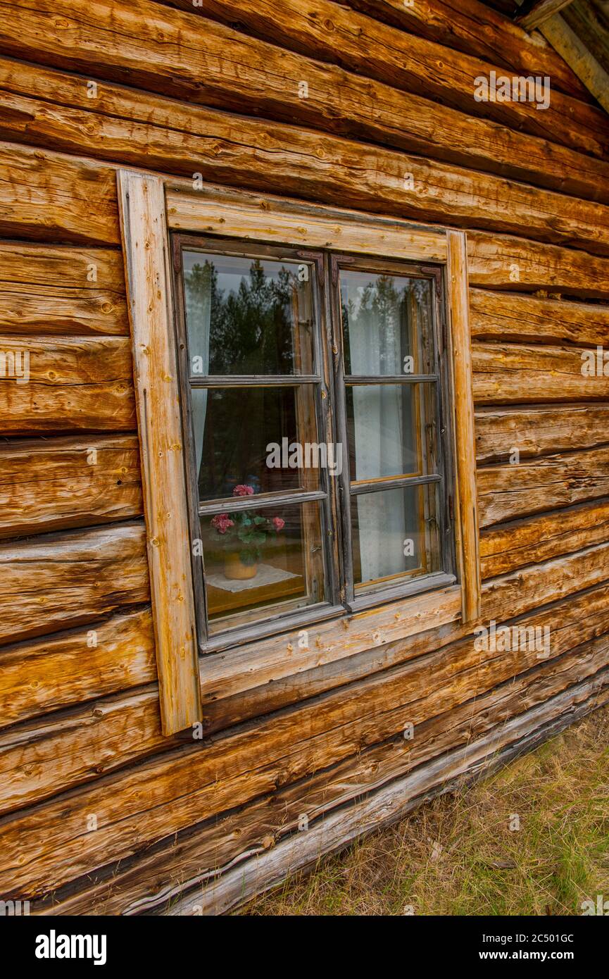 Detail of a Sami log house at the open-air section of Siida Museum in ...