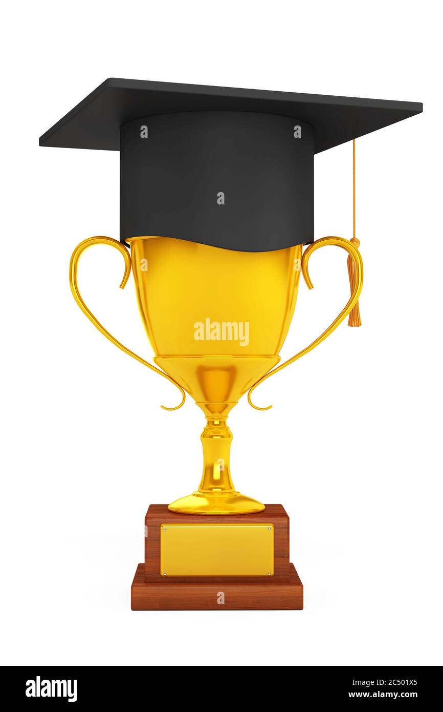 Education Concept. Graduation Hat over Golden Trophy on a white ...