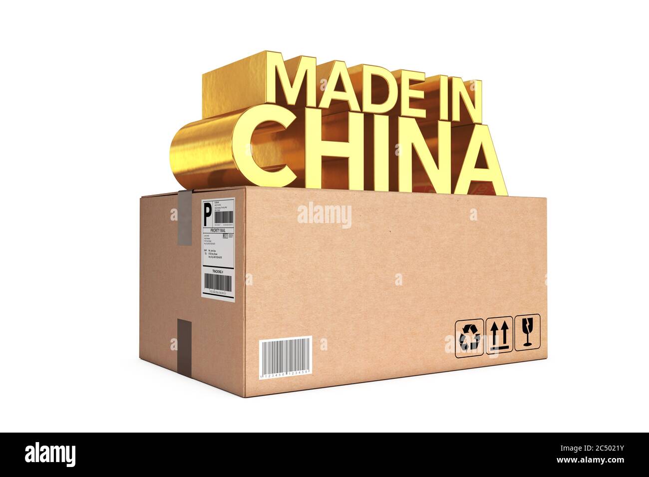 Golden Made In China Sign over Parcel Box on a white background. 3d ...