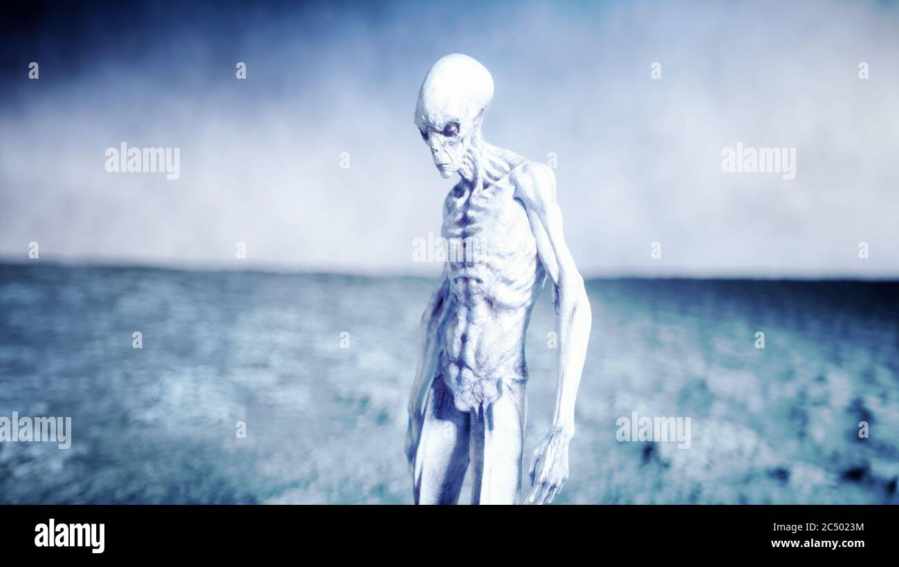 Alien on planet, moon. Earth on backgound. UFO. 3d rendering Stock ...