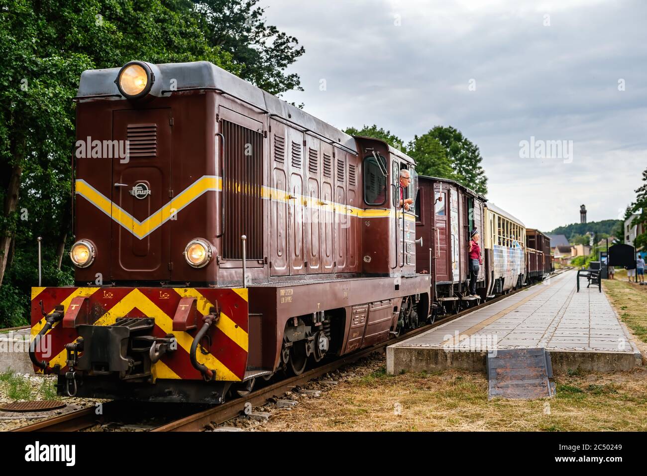Niechorze, Poland, June 2018 Old diesel narrow gauge train departing ...