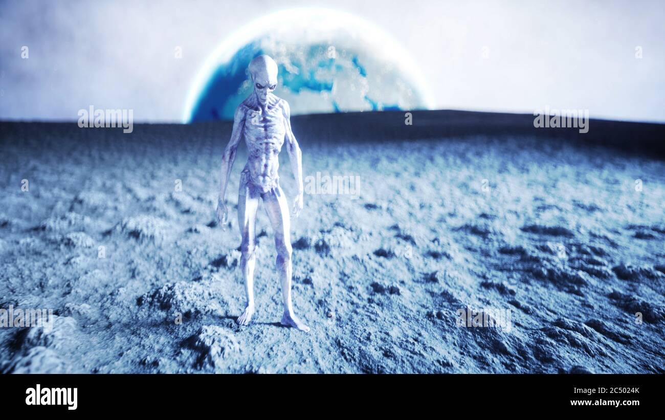 Alien on planet, moon. Earth on backgound. UFO. 3d rendering Stock ...