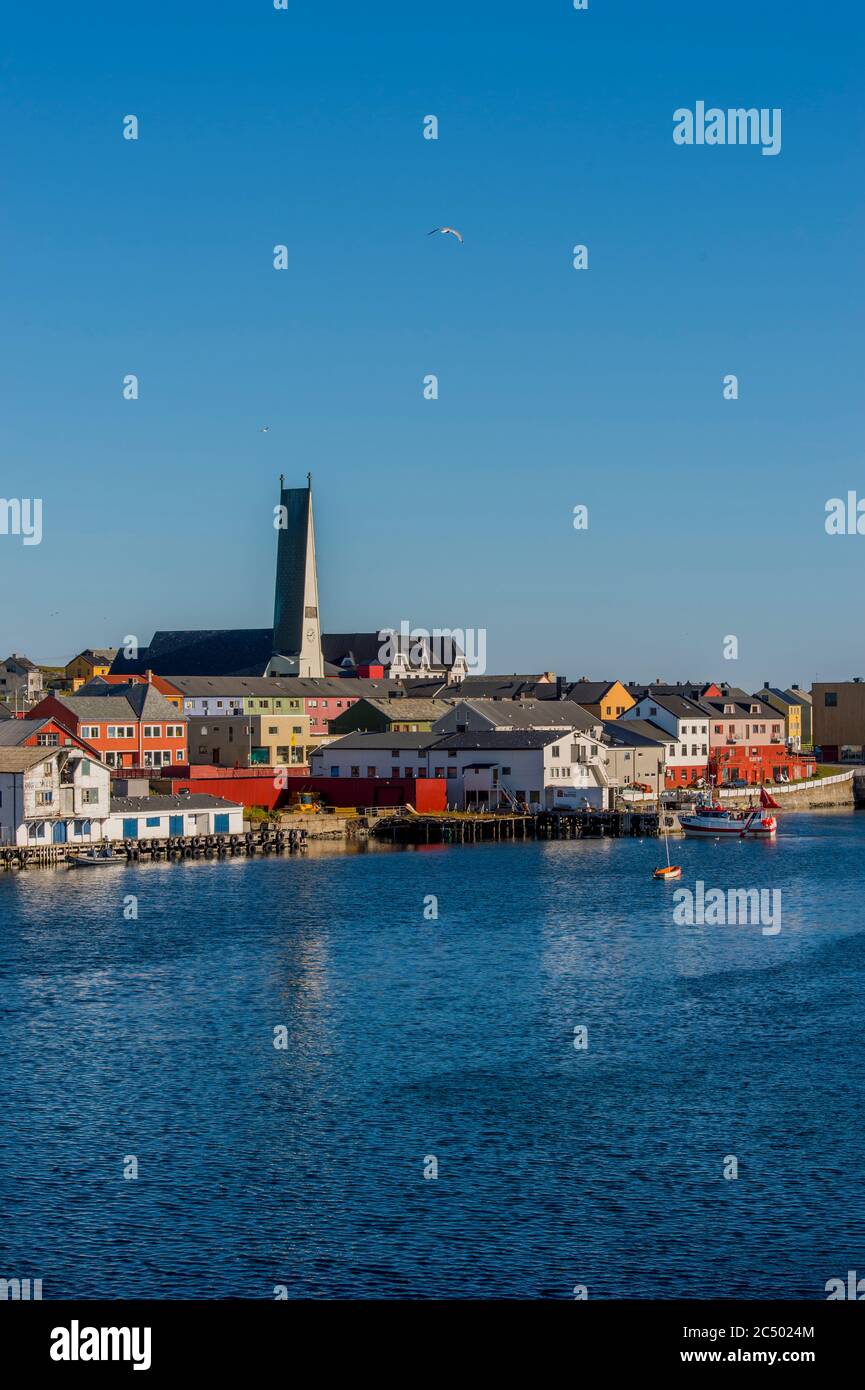 View of Vardo, a town on an island in the Barents Sea in northern ...