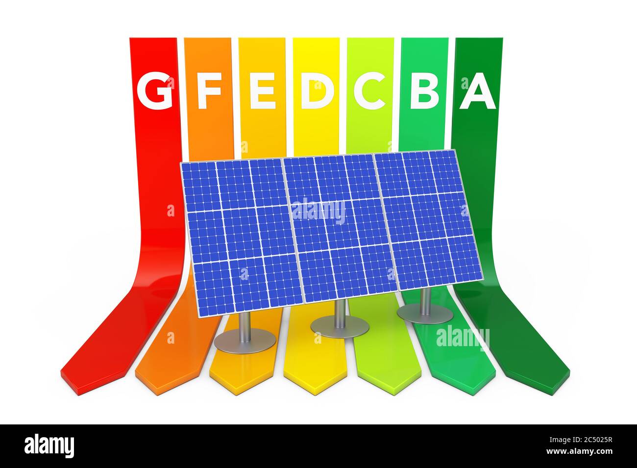 Blue Solar Panel over Energy Efficiency Rating Chart on a white ...