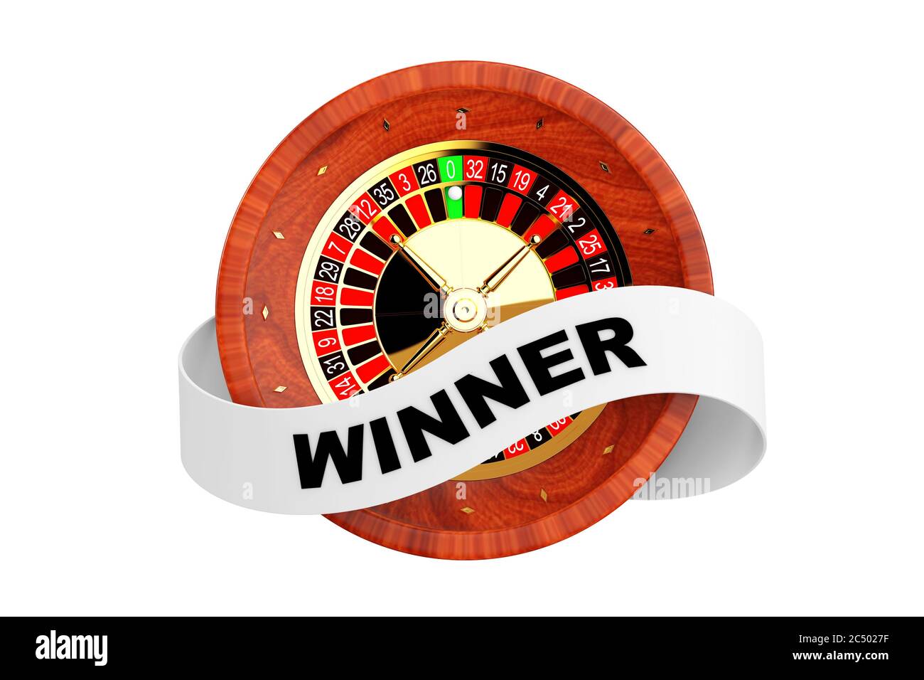 Casino Roulette Wheel with Ribbon Banner and Winner Sign on a white ...