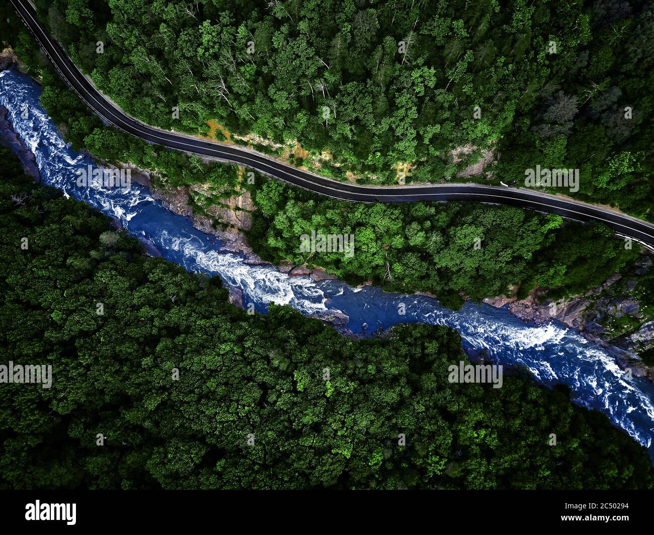 Mountain river and road aerial view Stock Photo - Alamy