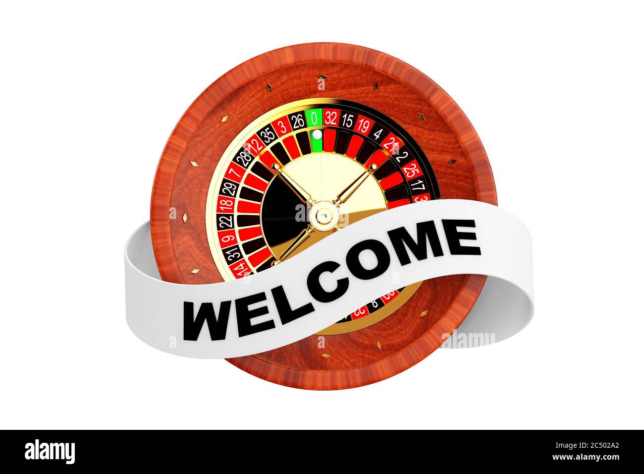 Casino Roulette Wheel with Ribbon Banner and Welcome Sign on a white ...