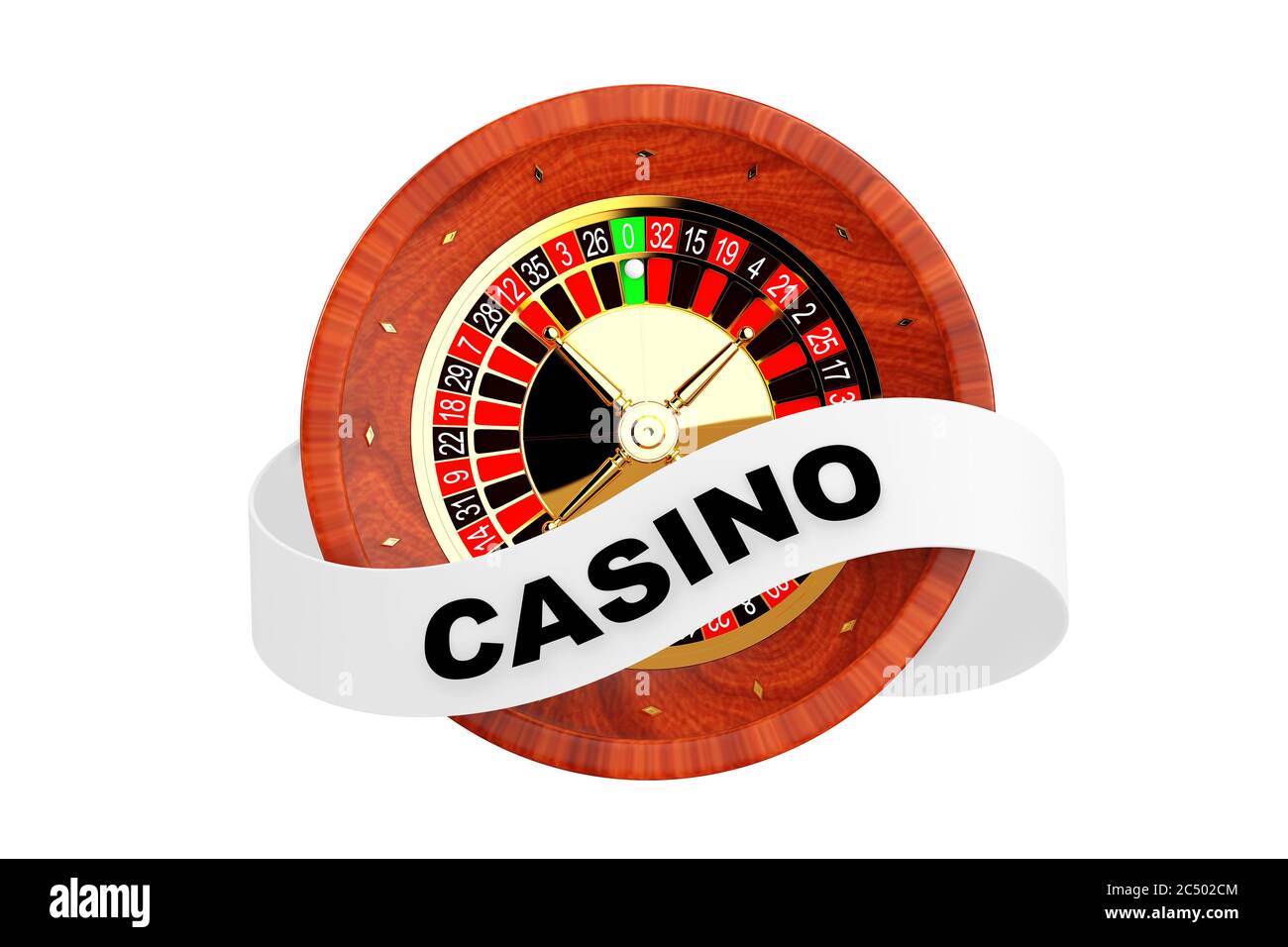Casino Roulette Wheel with Ribbon Banner and Casino Sign on a white ...
