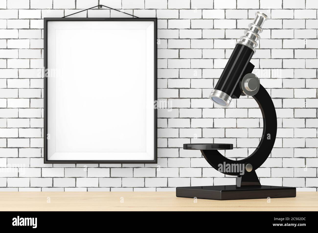 Abstract Vintage Laboratory Microscope in front of Brick Wall with ...