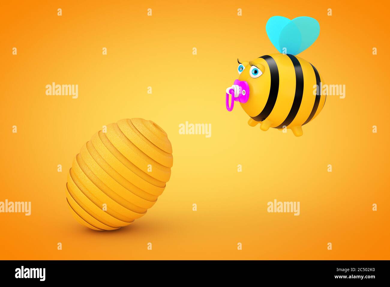 Cartoon Bee in front of Beehive on a orange background. 3d Rendering ...