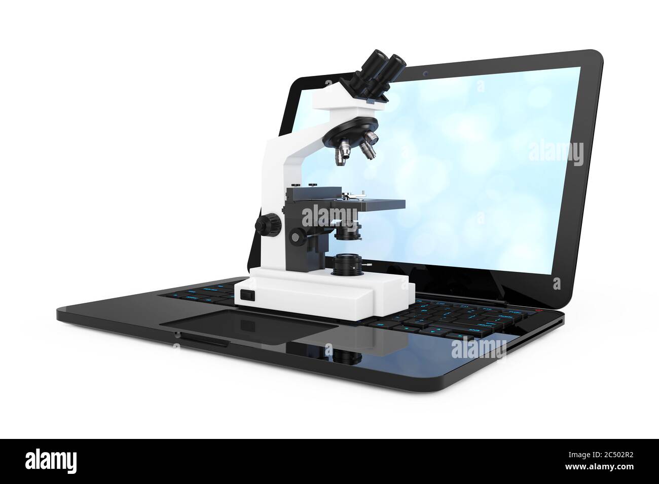 Modern Laboratory Microscope over Laptop Keyboard on a white background ...