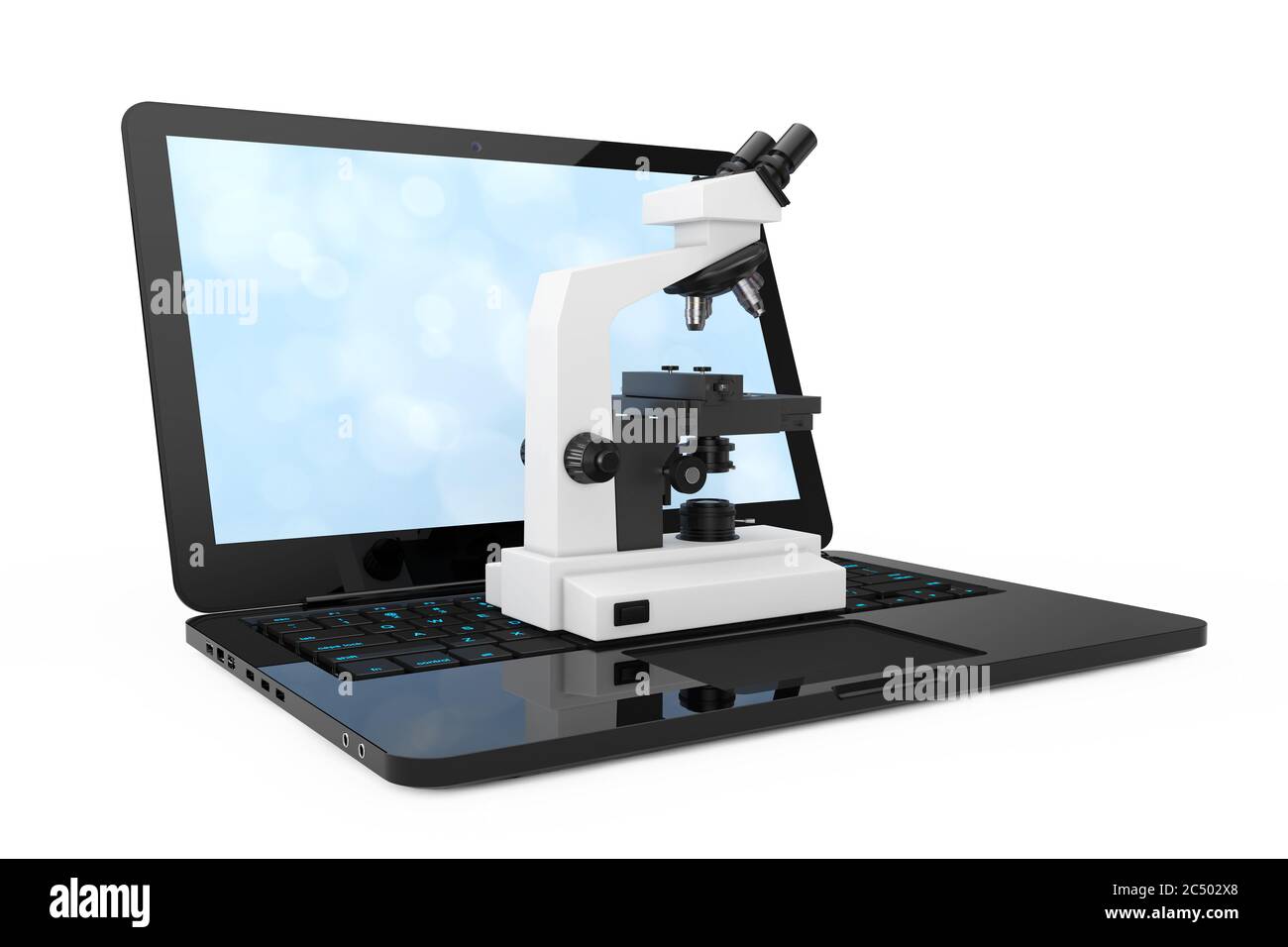 Modern Laboratory Microscope over Laptop Keyboard on a white background ...