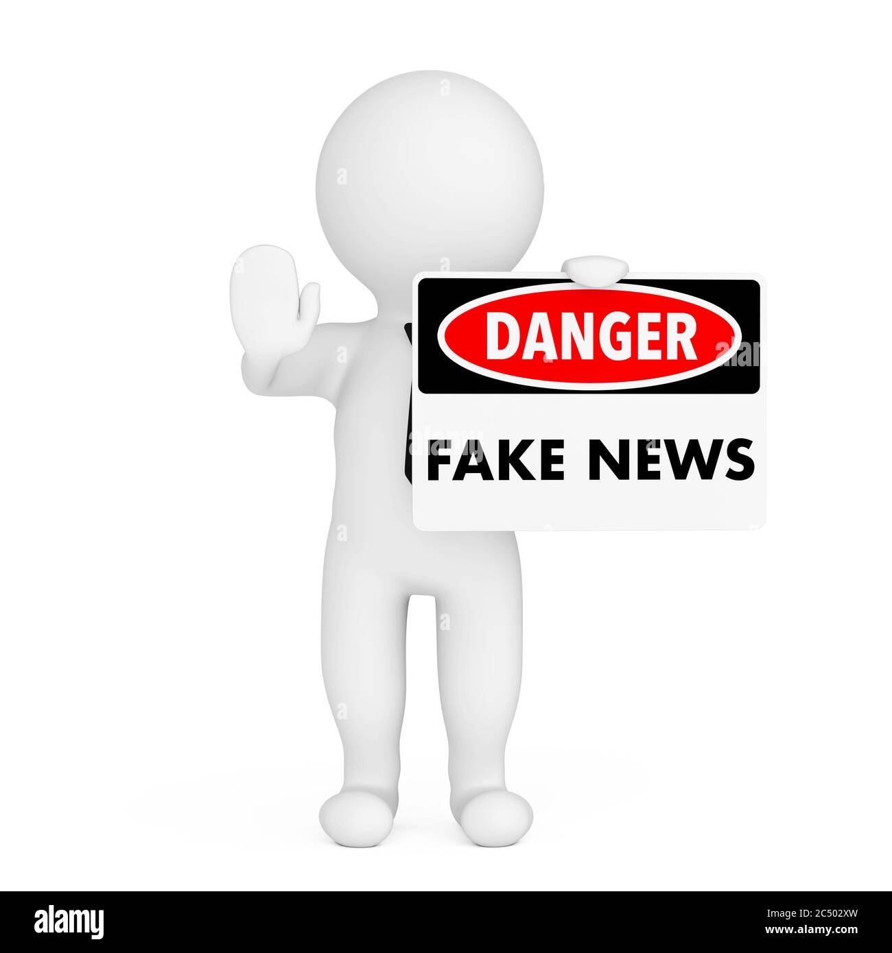 3d Person with Fake News Danger Sign in Hand on a white background. 3d ...