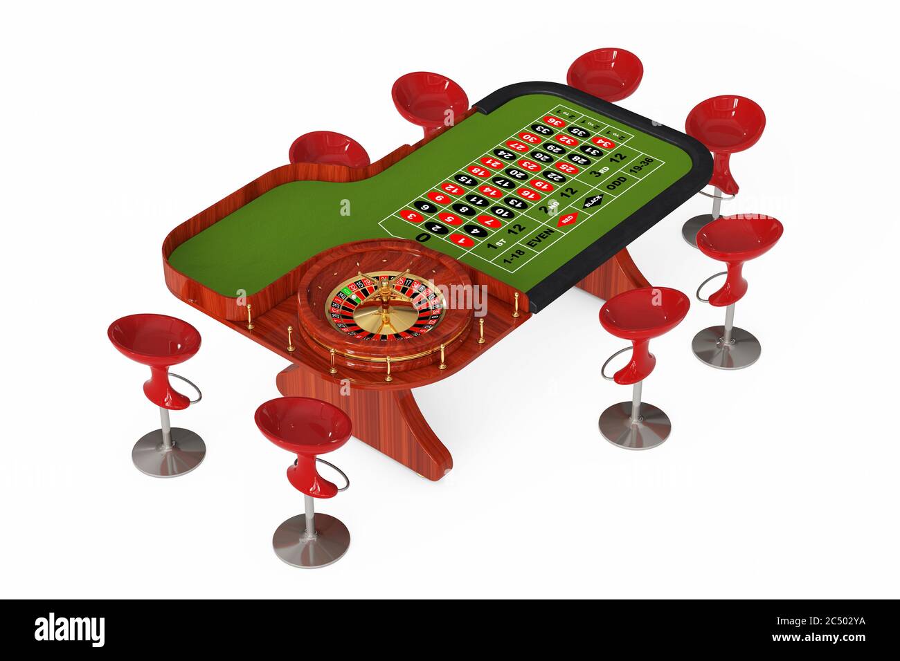 Classic Casino Roulette Table with Chairs on a white background. 3d ...