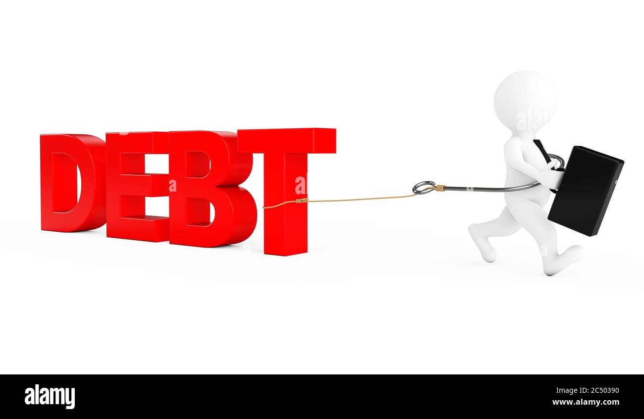 3d Businessman Run from Debt Sign on a white background. 3d Rendering ...