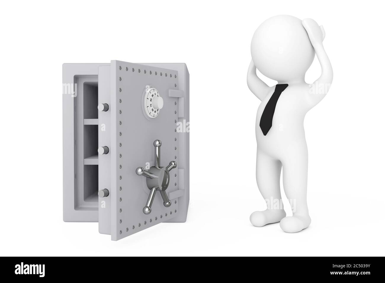 3d Person Bankrupt Stressed near Metal Safe on a white background. 3d ...