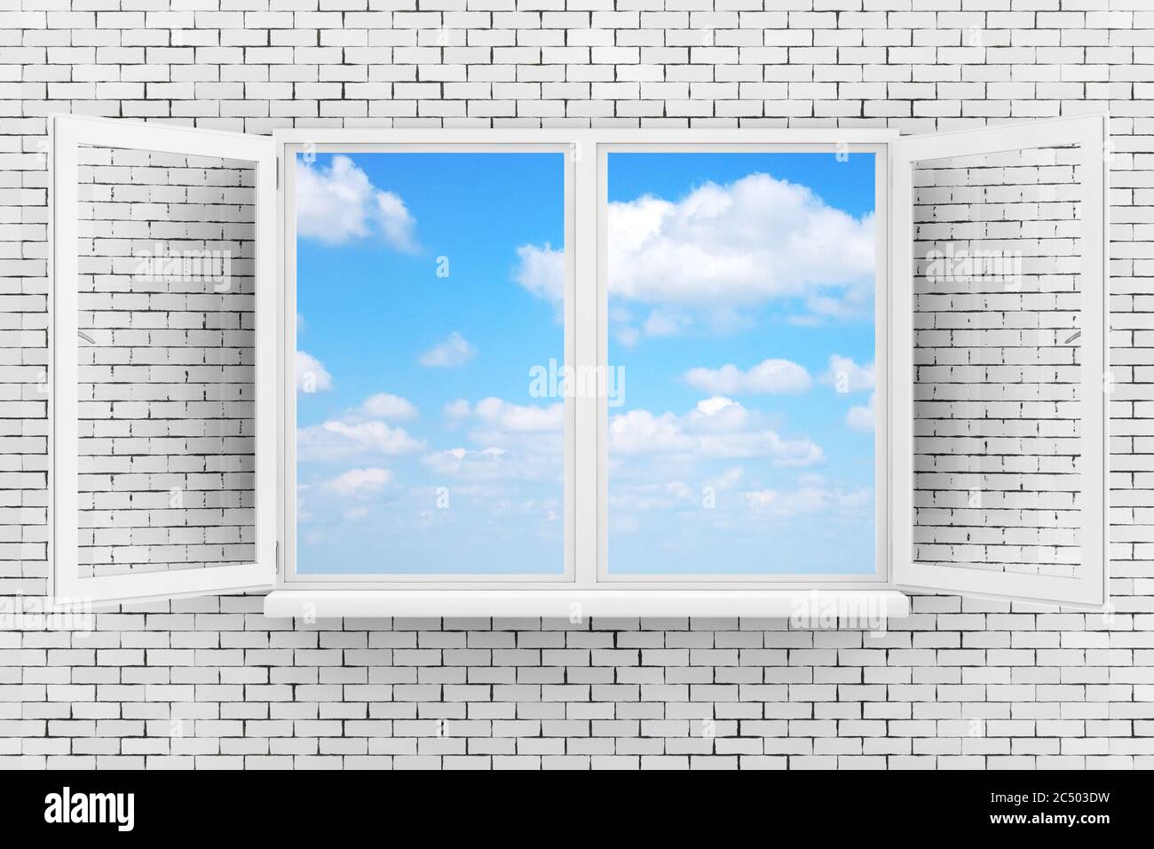 Sky Seen Through White Opened Window on Brick Wall extreme closeup. 3d ...