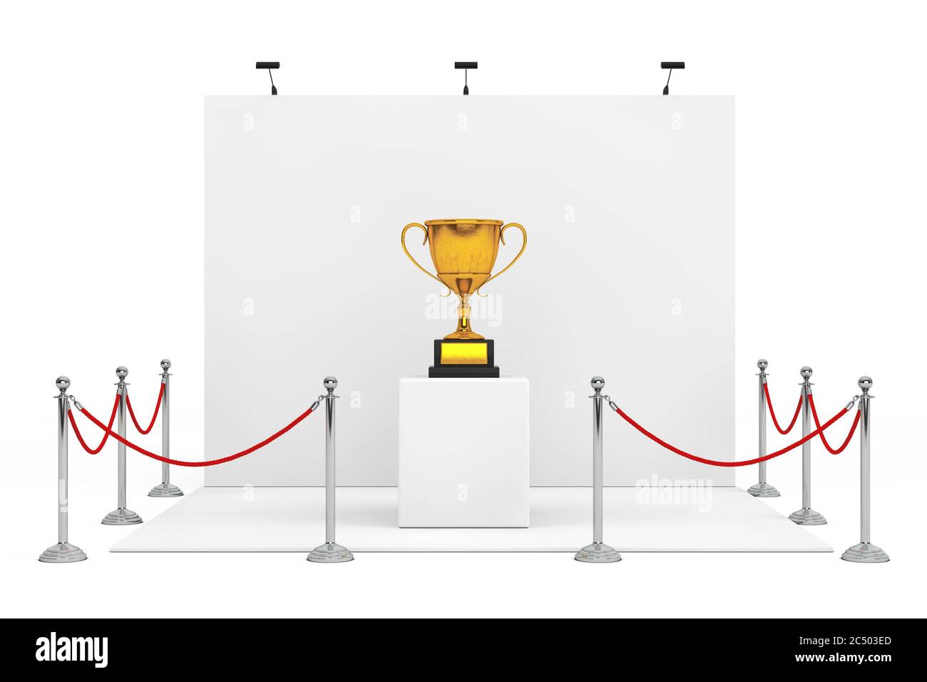 Barrier Rope Around Trade Show Booth with Award Golden Trophy on a ...