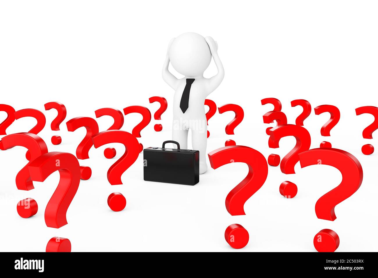 3d Businessman Stressed in centre of Many Question Marks on a white ...