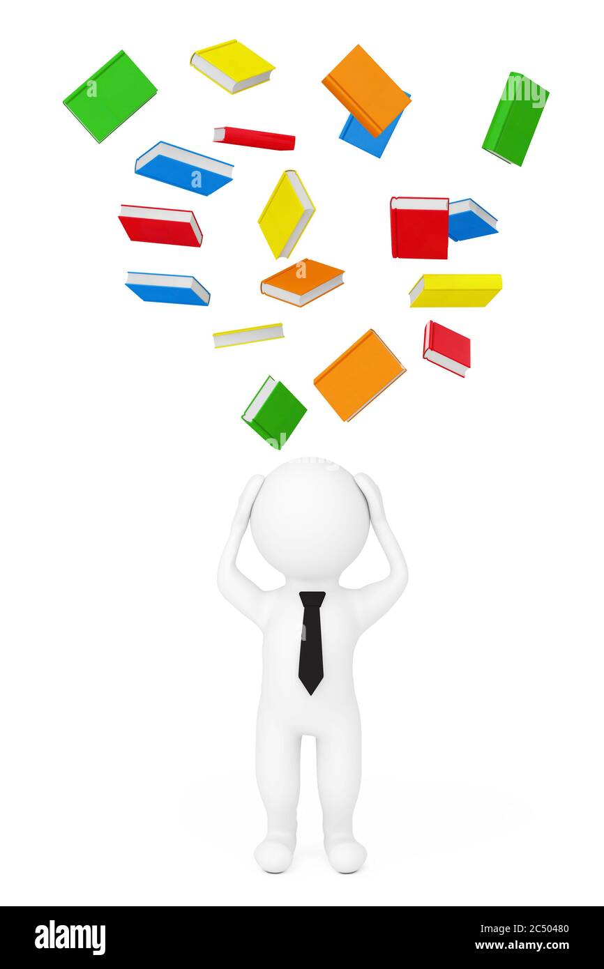 3d Person Stressed with Failing Books on a white background. 3d ...