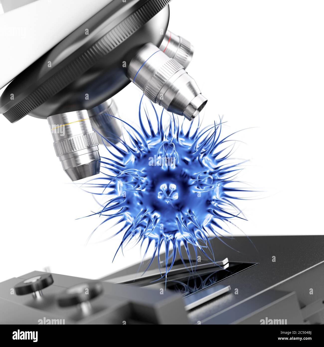 Objective Lens of Microscope and Blue Virus Cell or Bacteria on a white ...