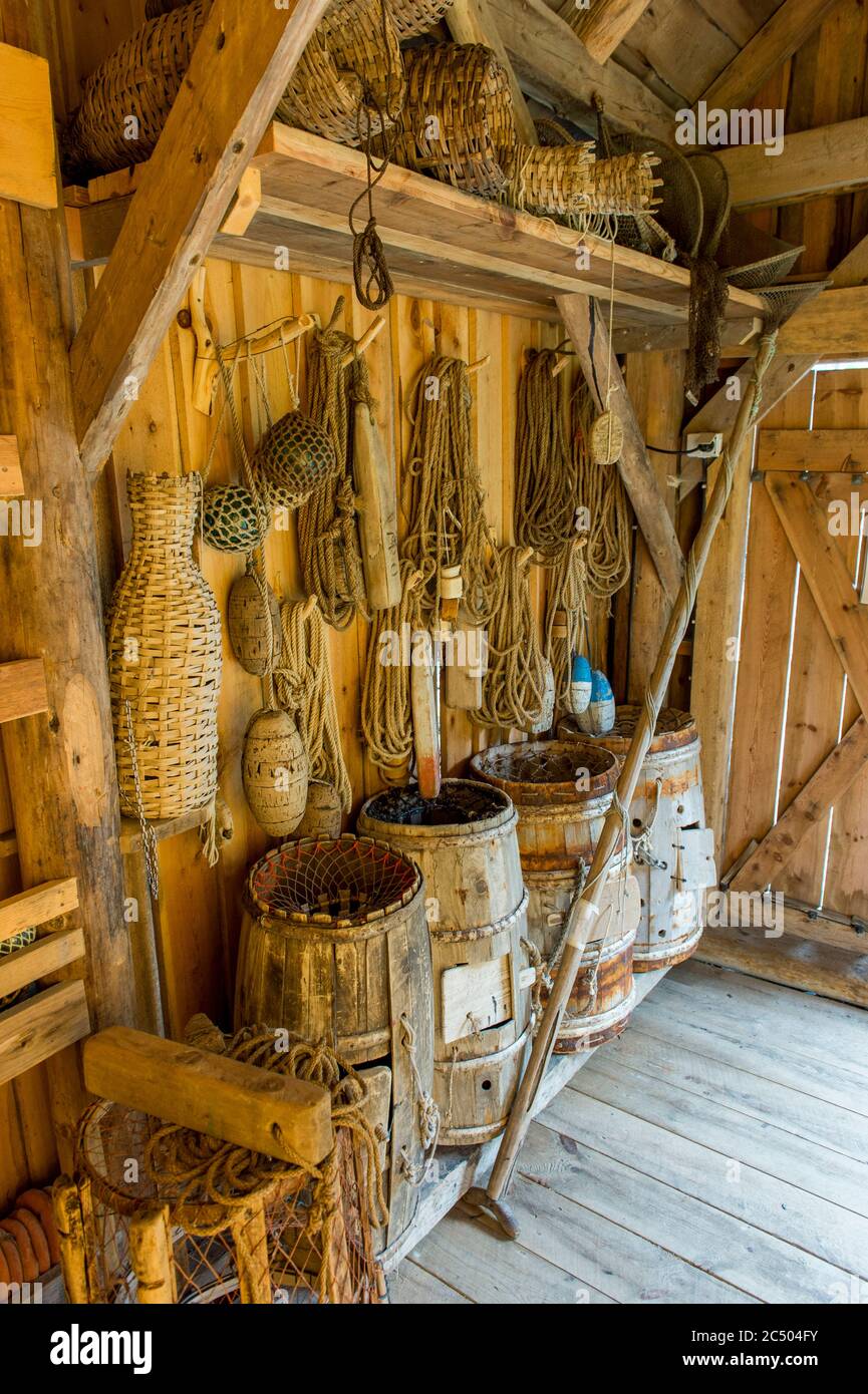 Traditional fishing gear inside a fishing huts at the Coastal Museum on ...