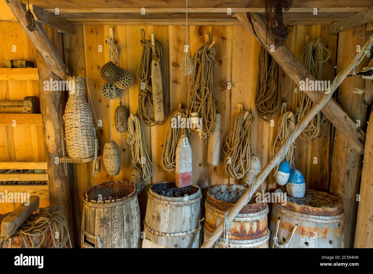 Traditional fishing gear inside a fishing huts at the Coastal Museum on ...