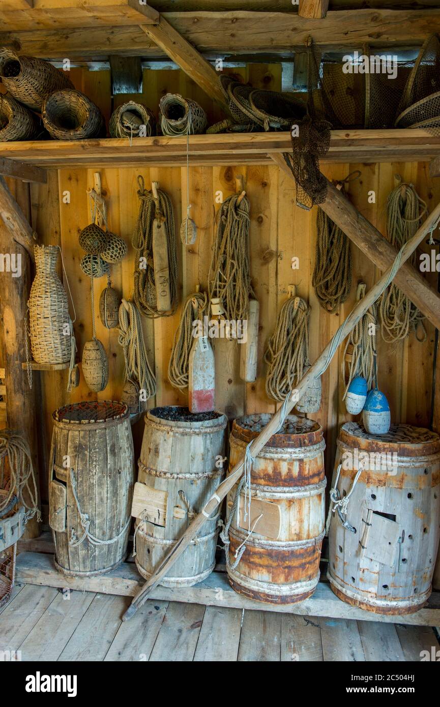 Traditional fishing gear inside a fishing huts at the Coastal Museum on ...