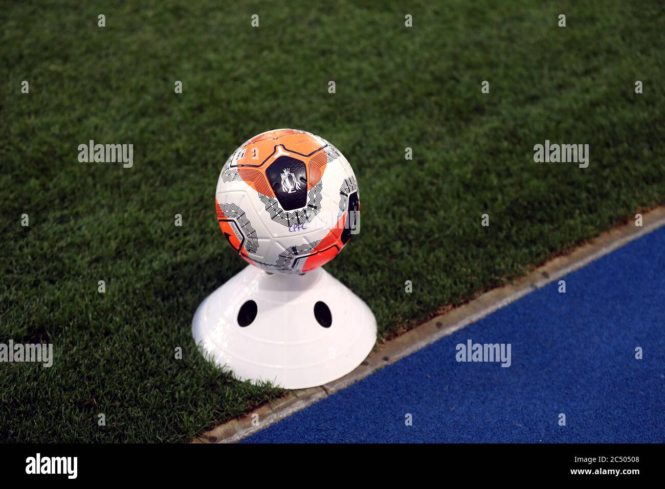 A match ball on a cone pitch side during the Premier League match at ...