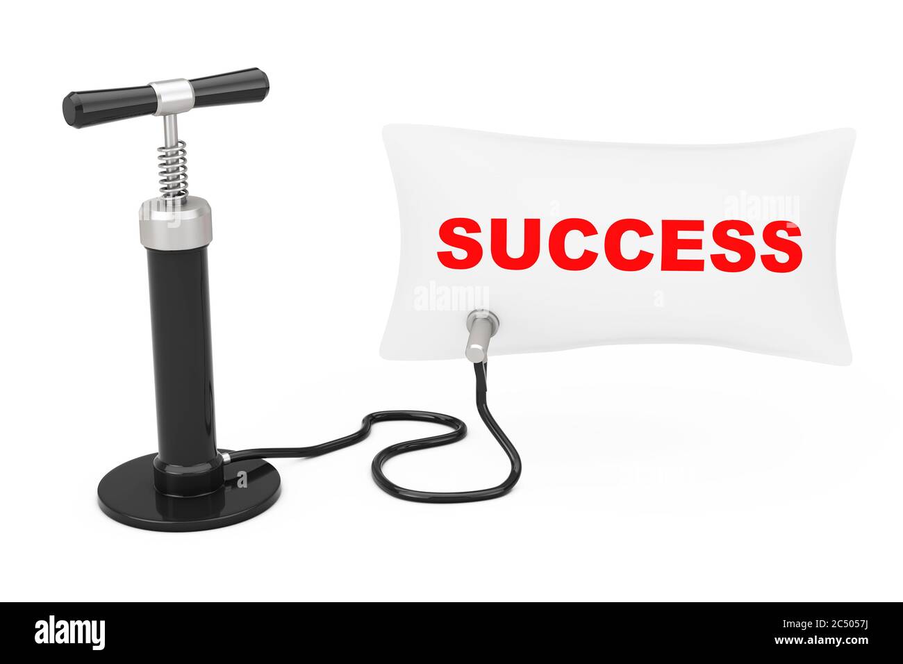 Black Hand Air Pump Inflates Balloon with Success Sign on a white ...